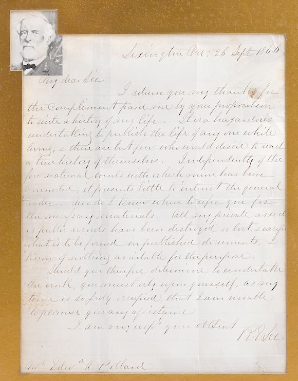 Bonhams : LEE, ROBERT EDWARD. 1807-1870. Autograph Letter Signed (R.E ...