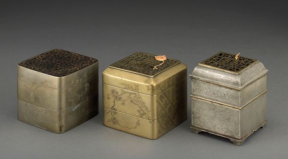 Bonhams : A group of three square-sectioned metal incense clocks 19th ...