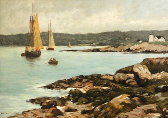 Bonhams : Carlton Theodore Chapman (American, 1860-1925) Boats along a ...