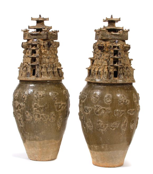 Bonhams : A large pair of Chinese covered funerary jars