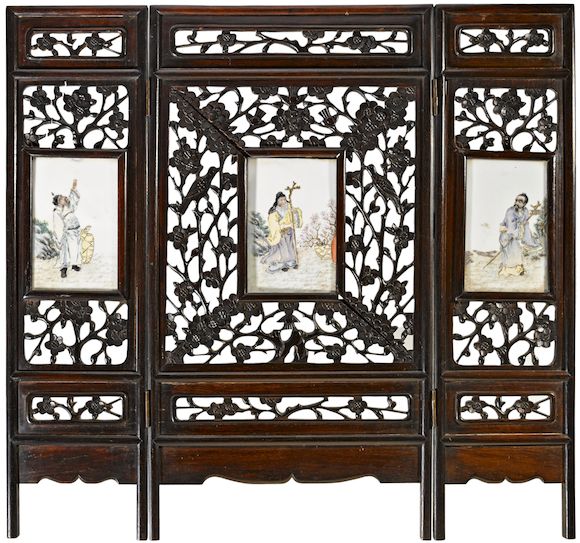 Bonhams : A three panel table screen with enameled porcelain plaques