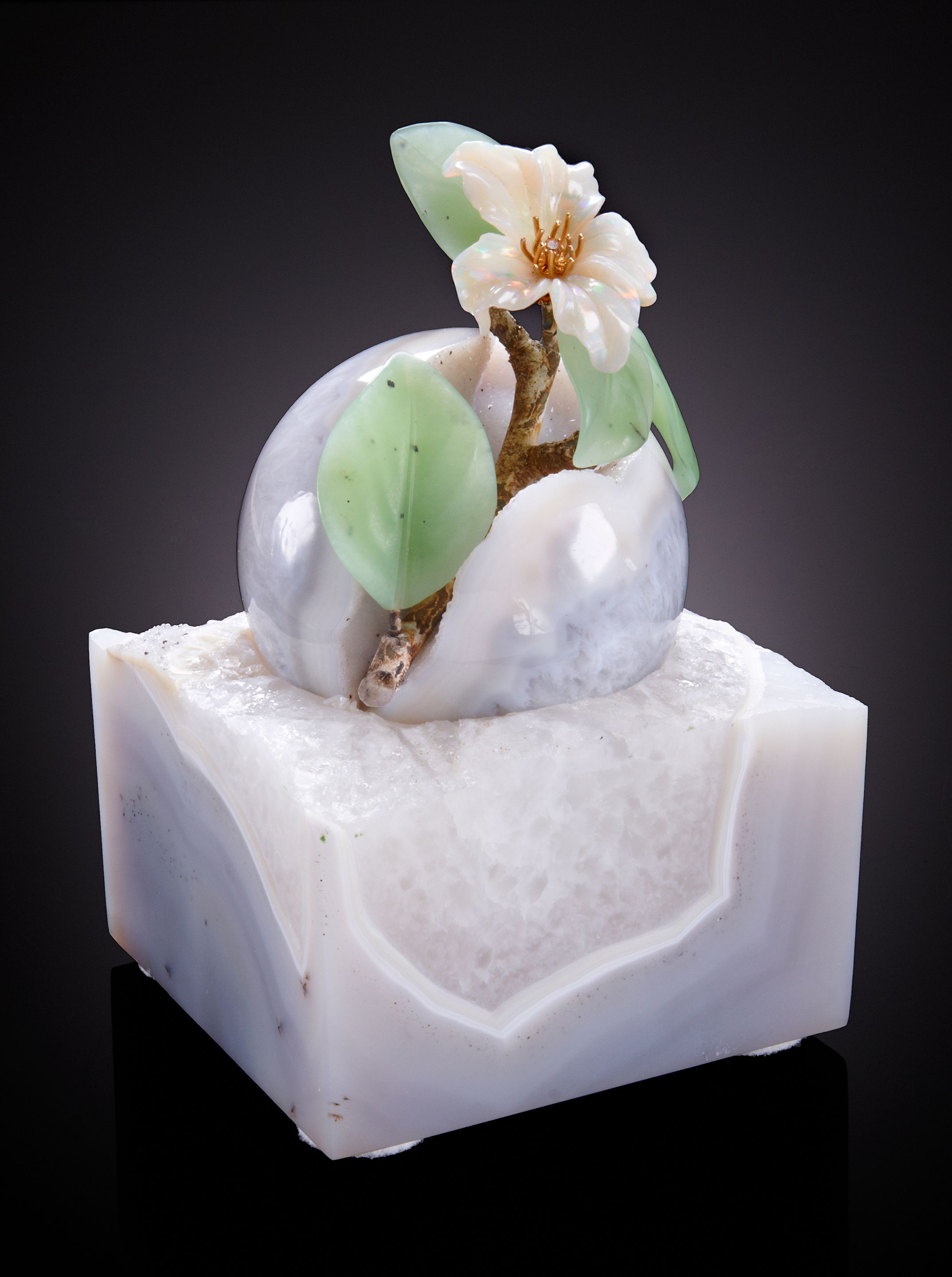 White Opal Flower Study on Agate Geode Sphere and Base--"The Apple ...