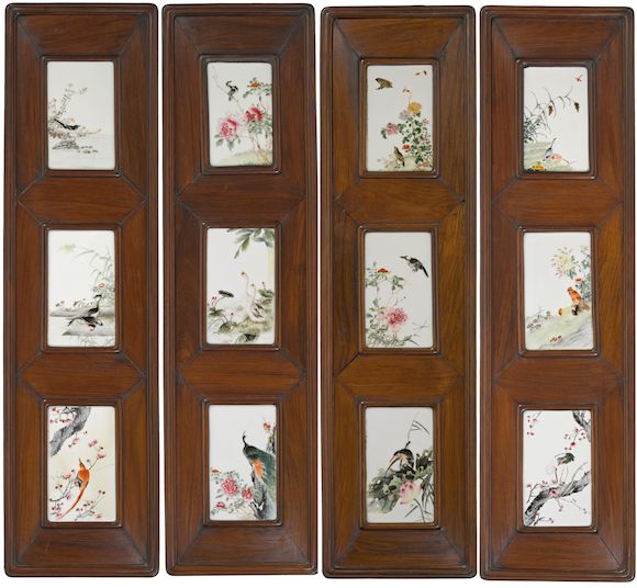 Bonhams : A set of four mixed wood wall panels inset with porcelain ...