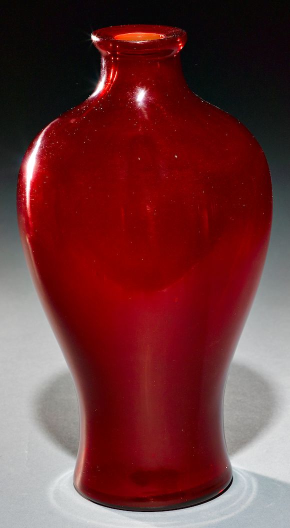 Bonhams : A red Peking glass meiping Qianlong mark, Late Qing/Republic ...