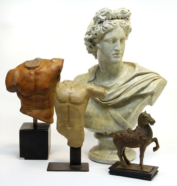 Bonhams : A Classical faux marbleized composition bust and two painted metal or composition male ...