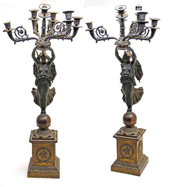 Bonhams : A pair of Empire style bronze six light figural candelabra ...