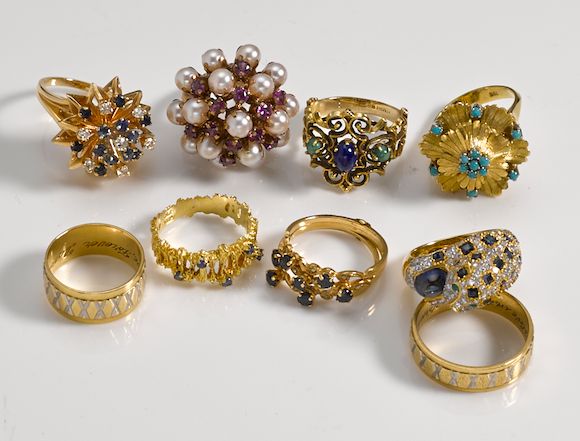 Bonhams : A collection of nine gem-set, cultured pearl, diamond, and ...