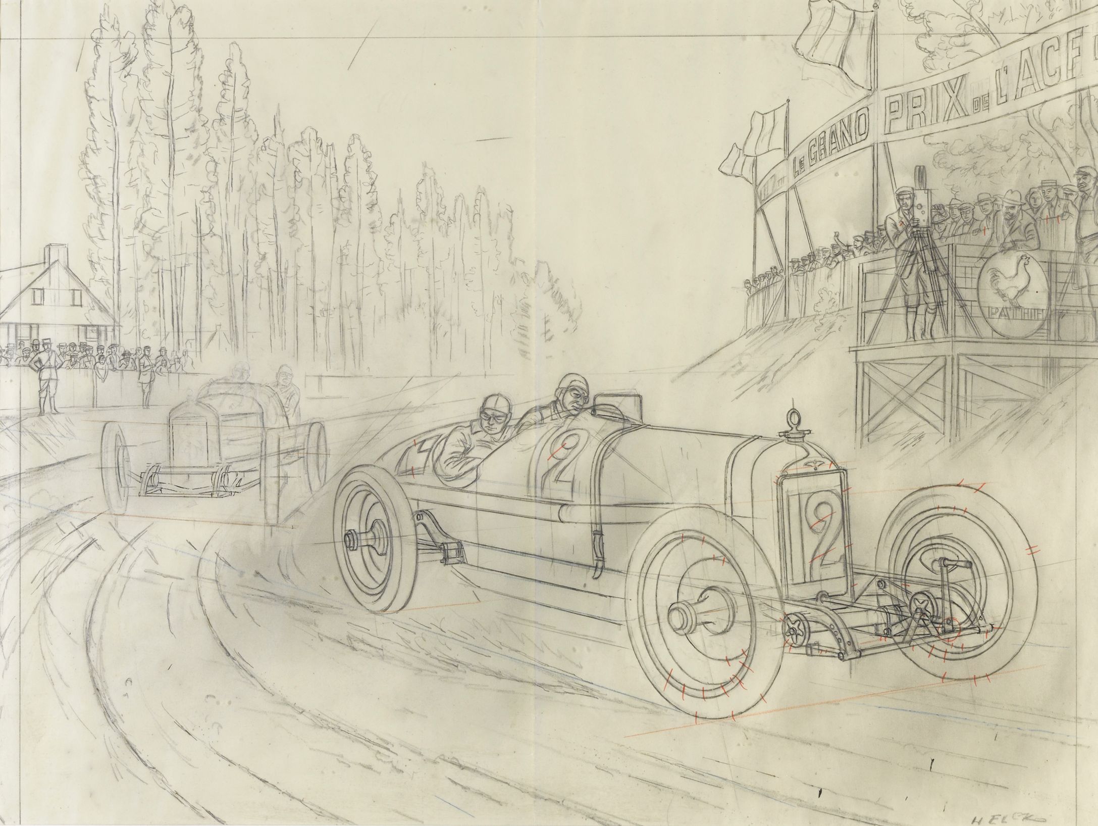 Bonhams Cars : Peter Helck: A large preliminary Pencil drawing of 'Le ...
