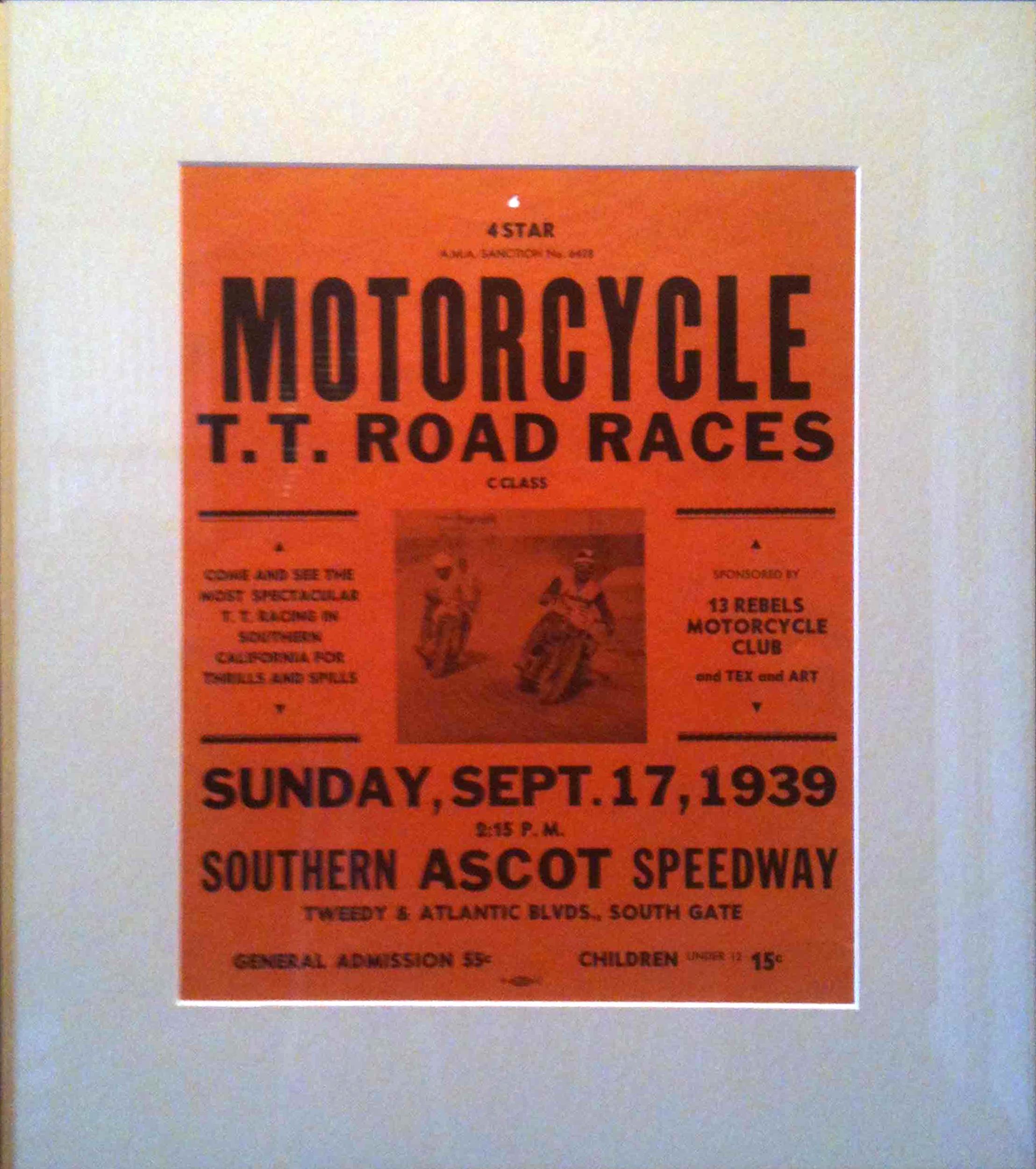 Bonhams Cars : A 1939 Ascot T.T Road Races poster,