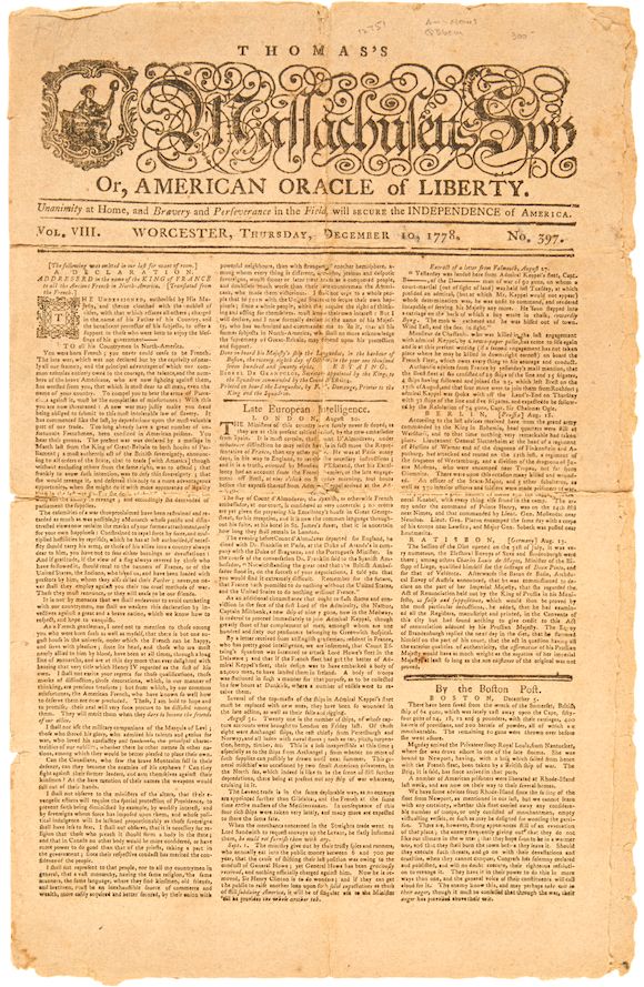 Bonhams : REVERE MASTHEAD. Massachusetts Spy. Worcester: Isaiah Thomas ...