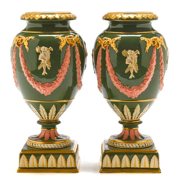Bonhams : A pair of Wedgwood polychrome and gilt Victoria ware vases in ...