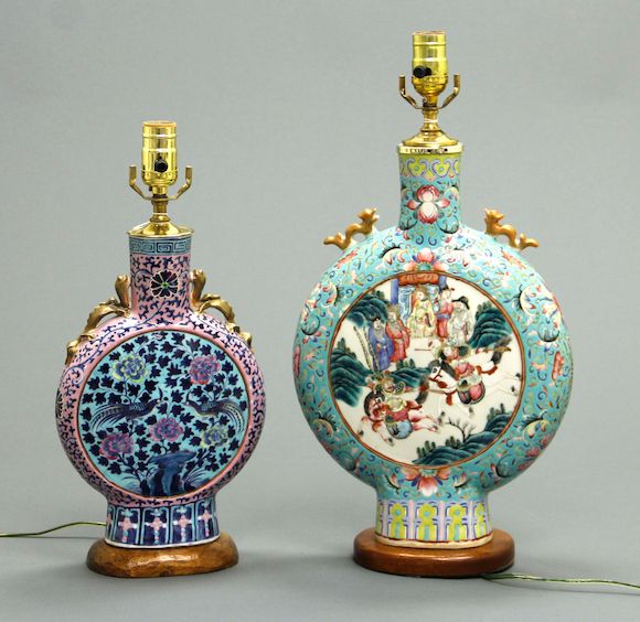 Bonhams : Two famille rose enameled porcelain moon flasks mounted as lamps