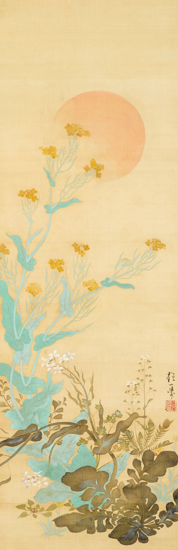 Bonhams : Atelier of Sakai Hoitsu (19th century) Sun and Spring Flowers ...