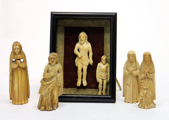 Bonhams : Six European and Colonial ivory or bone religious carvings ...