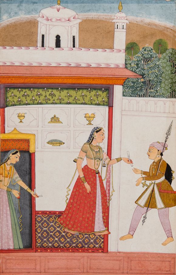 Bonhams : A maiden sends a lover letter Possibly Chamba, early 19th century