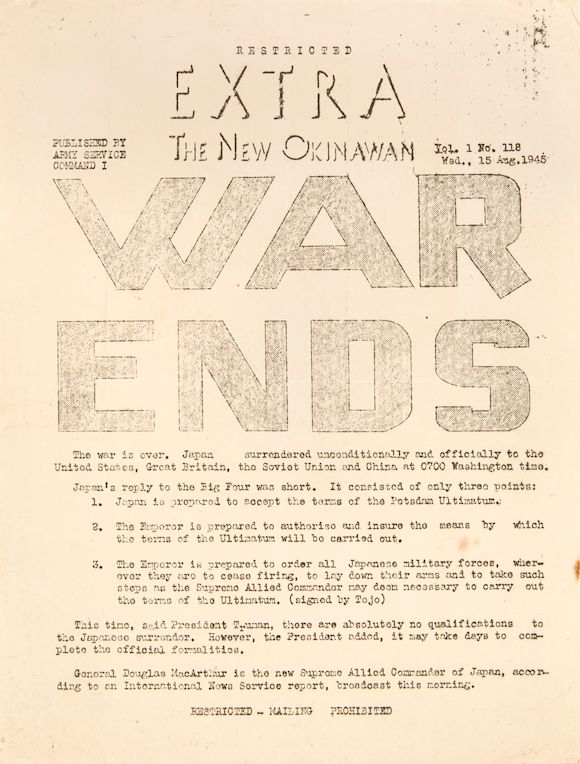 Bonhams : WWII—JAPANESE SURRENDER. Restricted. Extra. The New Okinawan ...
