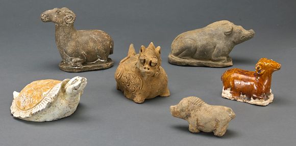 Bonhams : A group of pottery models of animals Han to Tang dynasty