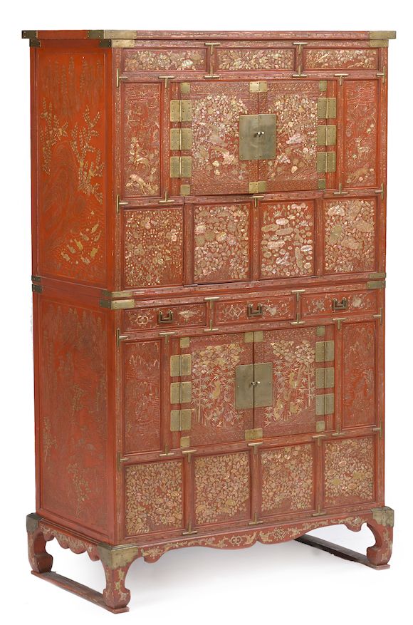 Bonhams : A red lacquered two-unit stacked chest with mother-of-pearl ...
