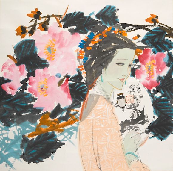 Bonhams : Lin Yong (b. 1942) Beauty Holding a Fan