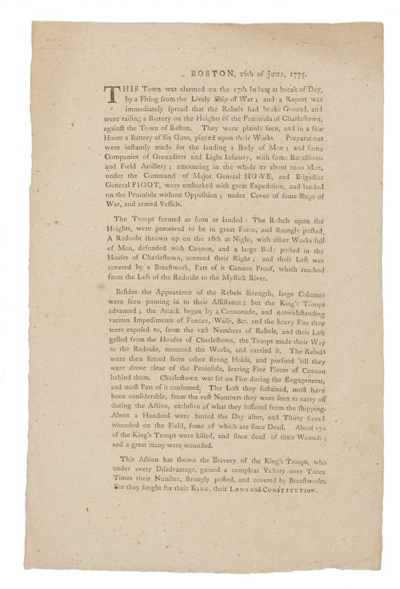 Bonhams : BATTLE OF BUNKER HILL. Boston, 26th of June, 1775. This town ...