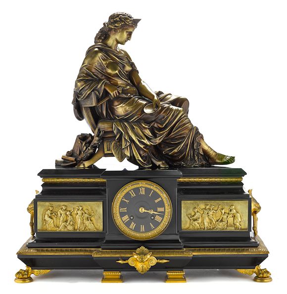 Bonhams : A French Neo Greco patinated bronze and black slate figural ...