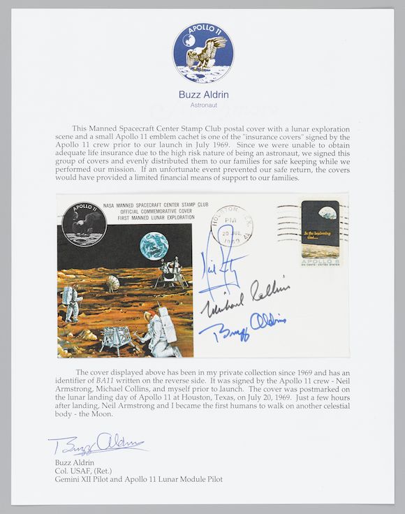 Bonhams : APOLLO 11 CREW SIGNED POSTAL COVER - LIFE INSURANCE FOR THE ...