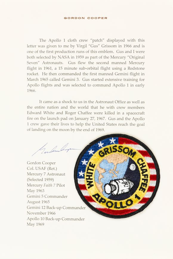 Bonhams : GORDON COOPER'S APOLLO 1 CREW EMBLEM. RECEIVED JUST PRIOR TO ...