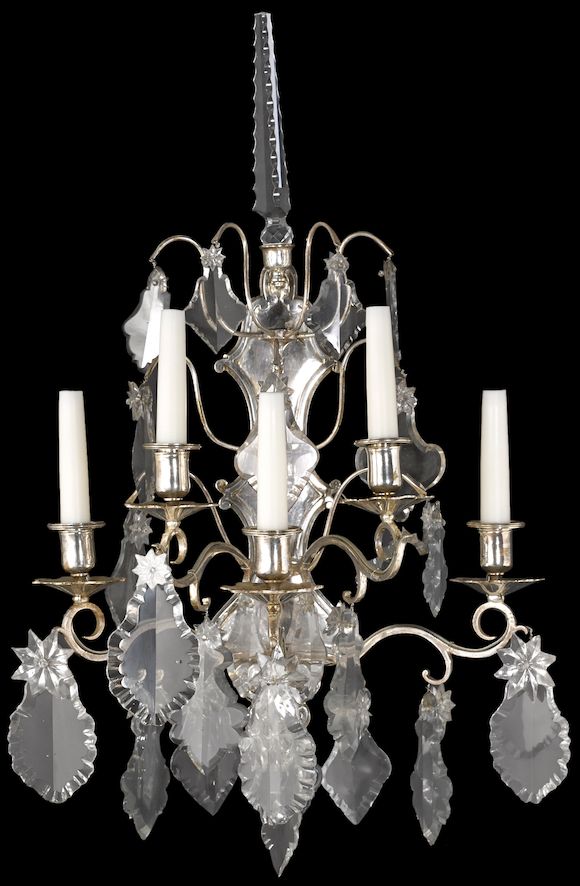Bonhams : A pair of Louis XV style silver plated and glass five light ...