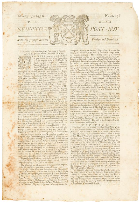 Bonhams : SLAVE INSURRECTION—KING CUDJOE. The Weekly New-York Post-Boy ...