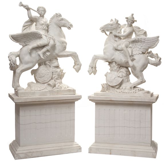 Bonhams : A pair of Louis XIV style marble figures of Fame and Mercury ...