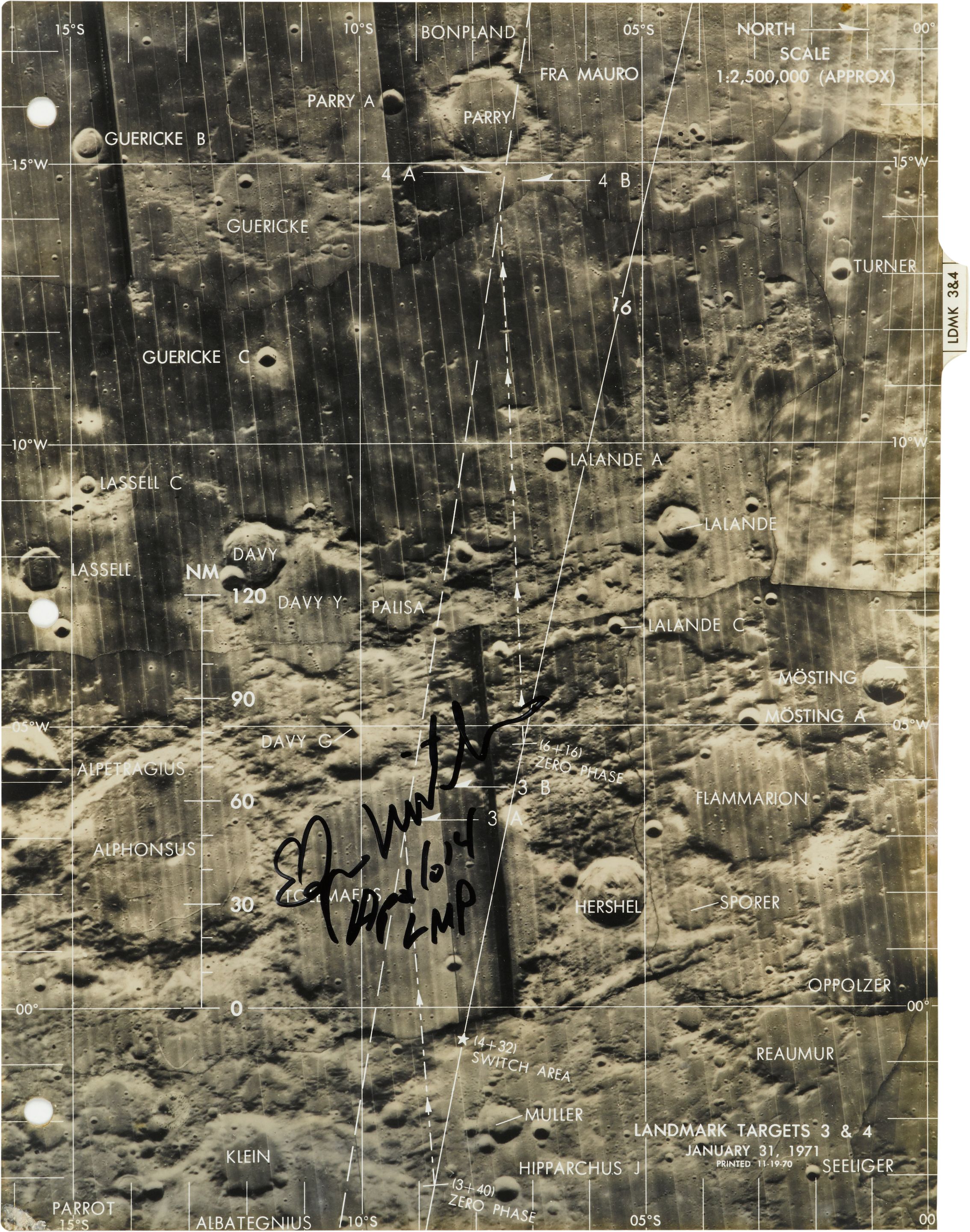 APOLLO 13 AND 14 LANDMARK MAPS. SIGNED BY LOVELL AND MITCHELL ...