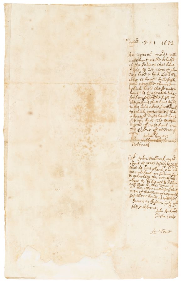 Bonhams : NATIVE AMERICAN LAND DEED—MASSACHUSETTS. [NATAHUNT ...