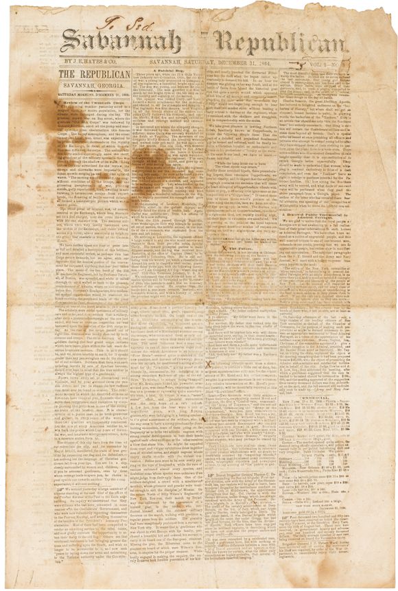 Bonhams : SHERMAN'S MARCH. Savannah Republican. Savannah, GA: J.E ...