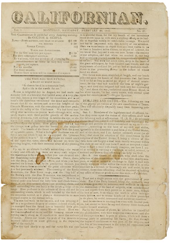 Bonhams : CALIFORNIA NEWSPAPER. Californian. Monterey: Colton & Semple ...