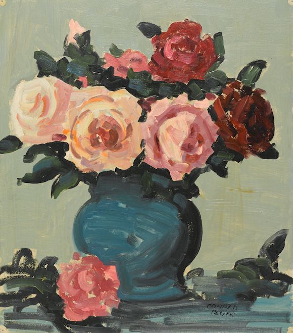 Bonhams : Conrad Buff (American, 1886-1975) Still life with roses in a ...