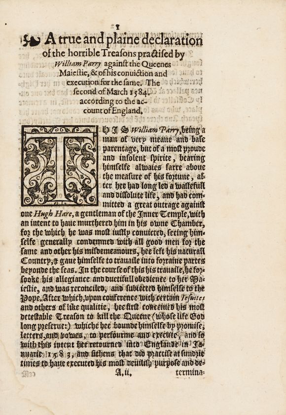 Bonhams : [PARRY, WILLIAM. d.1585.] A True and plaine Declaration of ...