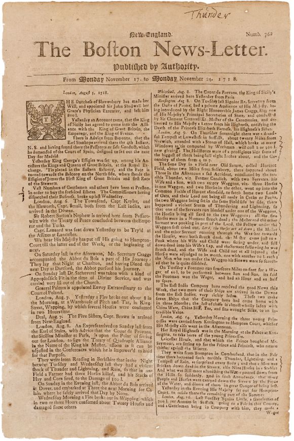 Bonhams : BOSTON NEWS-LETTER—BLACKBEARD THE PIRATE. New England. The ...