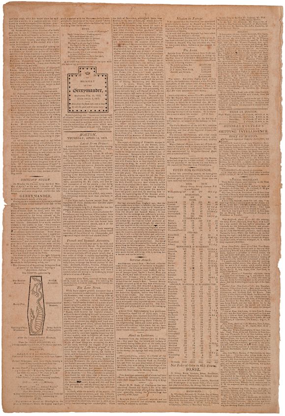 Bonhams : THE FIRST GERRYMANDER. Boston Gazette. [Boston]: April 15 ...