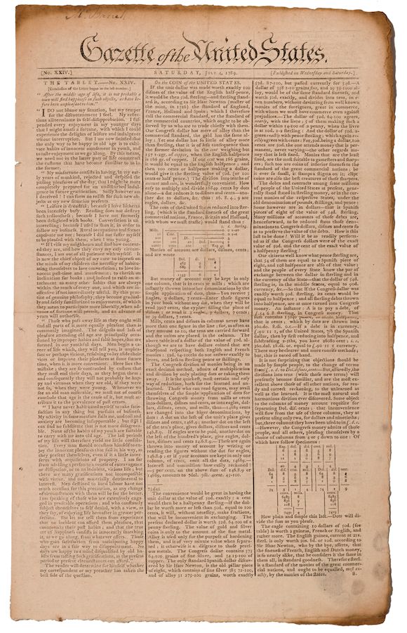 Bonhams : COINAGE. Gazette of the United States. New York: John Fenno ...
