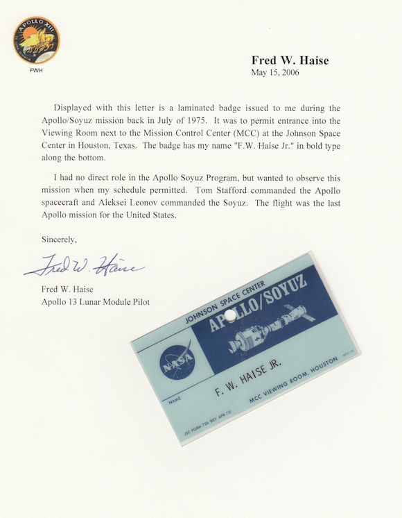 Bonhams : FRED HAISE'S ASTP MISSION CONTROL BADGE.