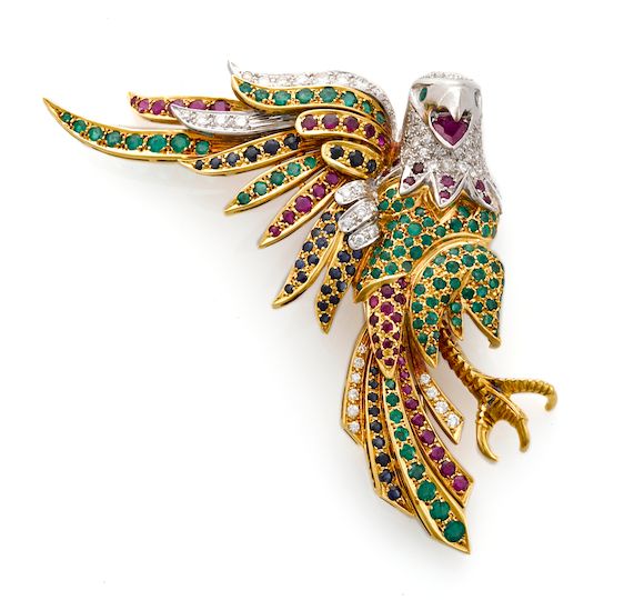 Bonhams : 18K BI-COLOR GOLD, GEM-SET AND DIAMOND BALD EAGLE BROOCH