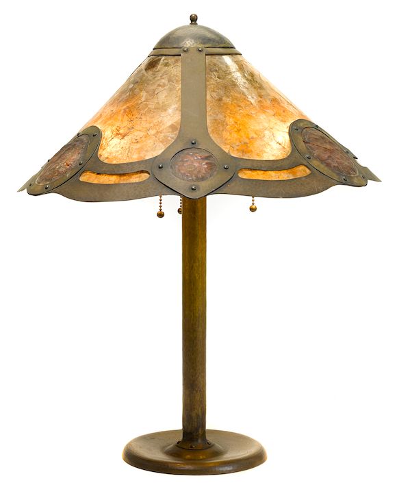 Bonhams : An Arts & Crafts hammered copper, mica and leather table lamp ...