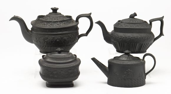 Bonhams : Three English black basalt teapots and a covered sugar first ...