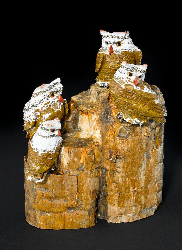 Bonhams : Ocean Jasper Carving of Four Snowy Owls