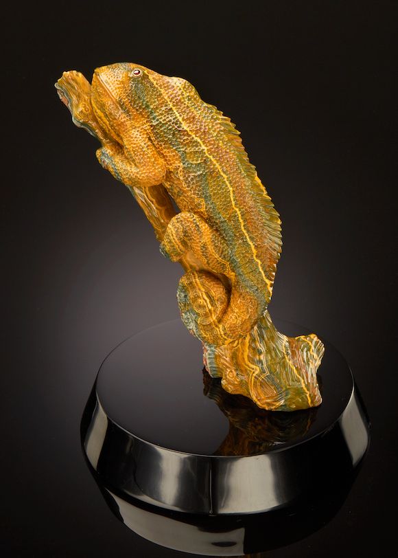 Bonhams : Ocean Jasper Carving of a Chameleon
