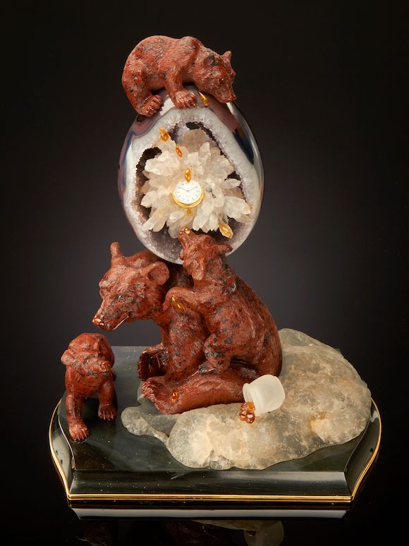 Bonhams : Impressive Decorative Clock with Brown Obsidian Carving of Bears