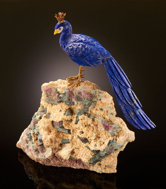 Bonhams : Lapis Peacock on Multi-color Tourmaline in Matrix Base