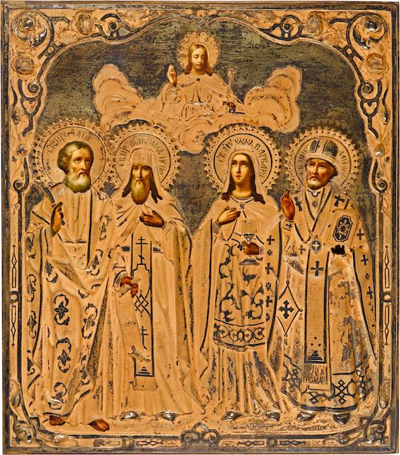 Bonhams : Icon of Saint Ilya the Prophet, Saint Maksim the Monk, Saint ...