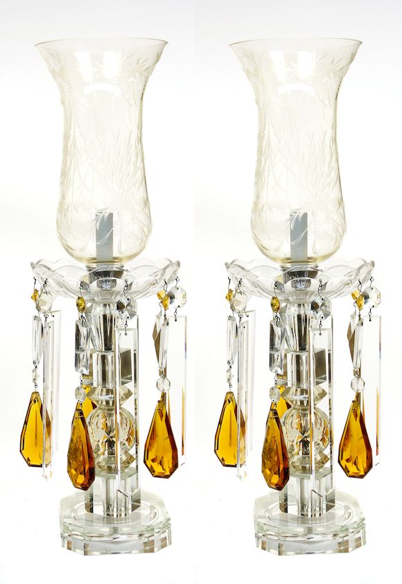 Bonhams : A pair of clear and amber cut and engraved glass luster form ...