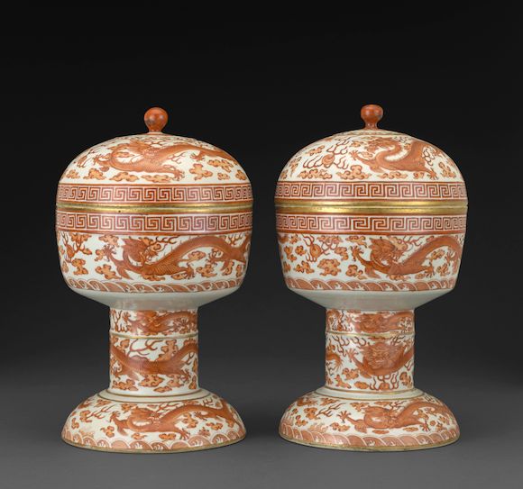 Bonhams : A pair of covered altar vessels with iron red and gilt ...